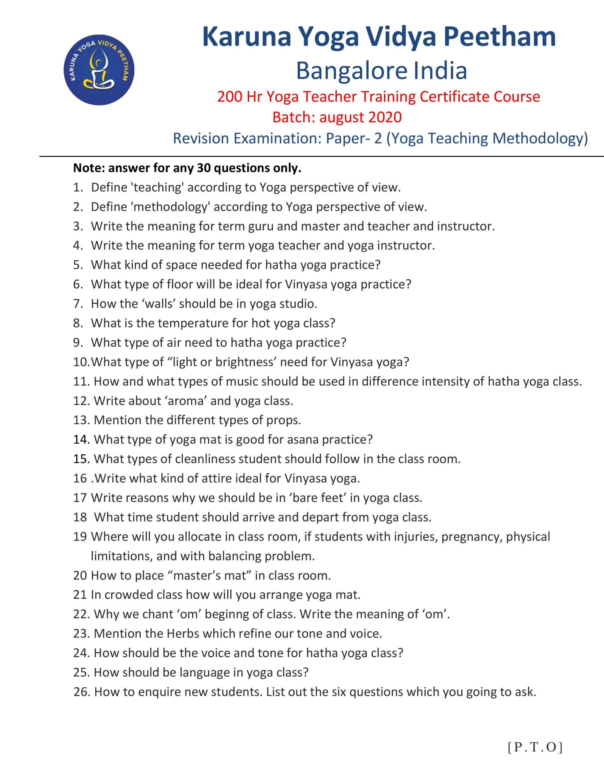 Yoga Question Paper JPG FILE - Karuna Yoga Vidya Peetham Bangalore