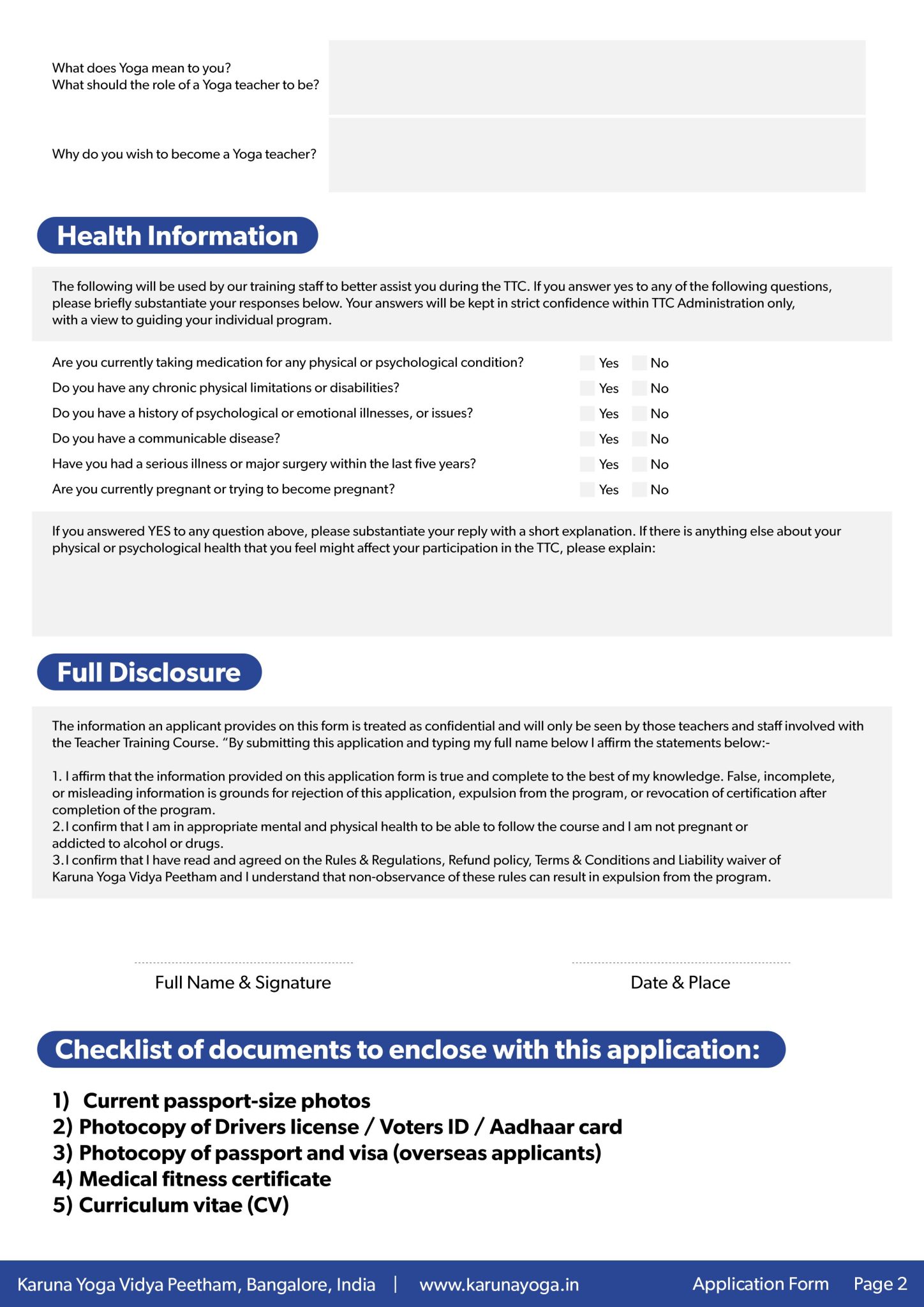 Yoga Application Form - Karuna Yoga Vidya Peetham Bangalore